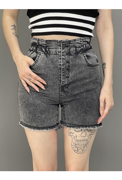 Wınd Gıyım Wınd Kadın Siyah Yuksek Bel Lastık Detaylı Kot Şort Wınd Gıyım Wınd Kadın Siyah Yuksek Bel Lastık Detaylı Kot Şort