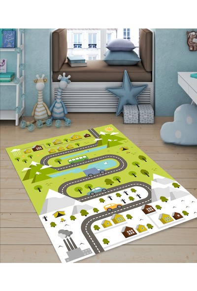 Showy Baby Yeşil Yol Desenli Çocuk Odası Halısı Showy Baby Yeşil Yol Desenli Çocuk Odası Halısı