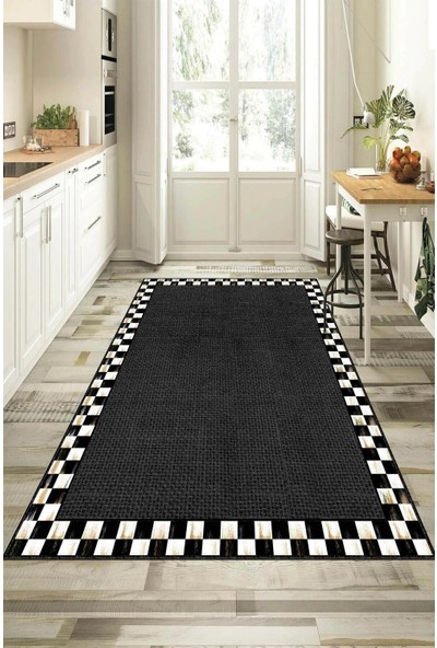 Siyah Beyaz Desenli Lüks Mutfak Halısı