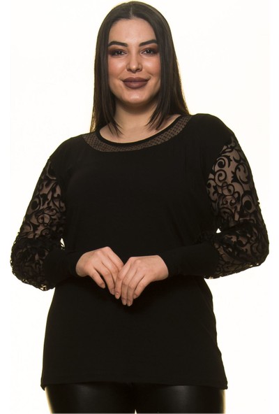 Farbaplus Siyah Dantelli Büyük Beden Bluz 23D-1458