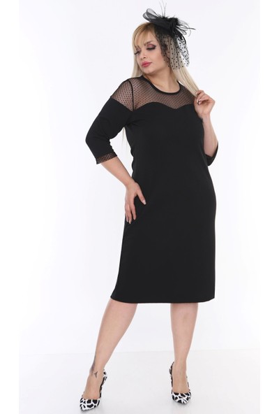 Modayız Roba Manşet Tüllü Büyük Beden Elbise 16E-0473 Modayız Roba Manşet Tüllü Büyük Beden Elbise 16E-0473