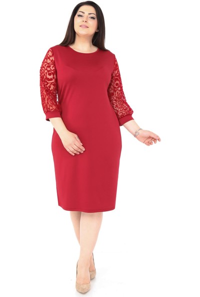 Modayız Bordo Flok Kol Büyük Beden Elbise 1E-1039 Modayız Bordo Flok Kol Büyük Beden Elbise 1E-1039