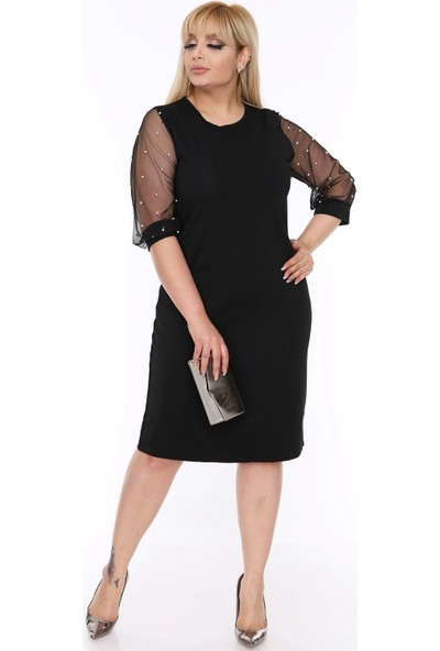 Modayız Kolları Incili Büyük Beden Elbise 6A-69340