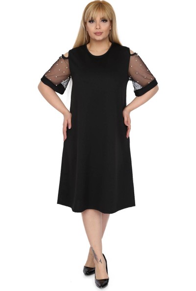 Modayız Siyah Kol Incili Büyük Beden Elbise 9C-0515