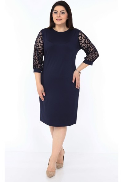 Modayız Lacivert Dantel Kol Büyük Beden Elbise 8A-0995