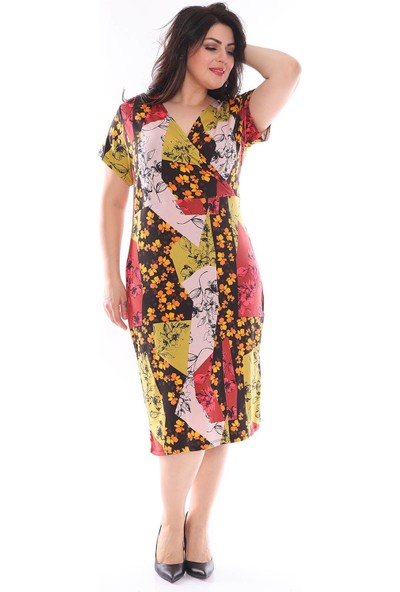 Modayız Kruvaze Yaka Desenli Büyük Beden Elbise 28C-0969