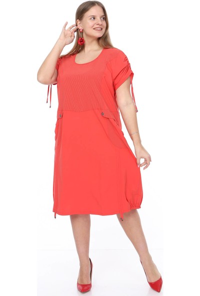 Modayız Bağcıklı Cepli Mercan Büyük Beden Elbise 4F-0905