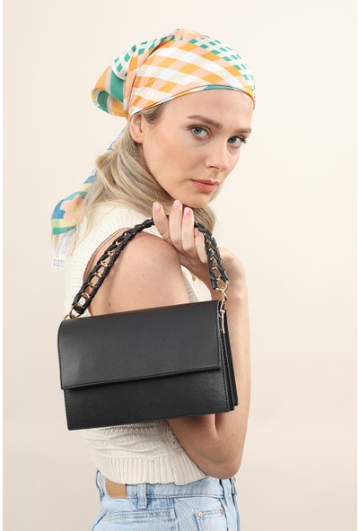 Madamra Siyah Kadın Metal Aksesuarlı El ve Omuz Çantası