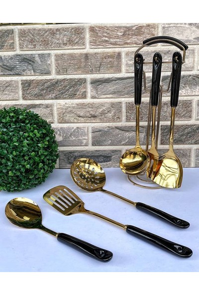 Zuzu Made Lüks Gold Siyah Standlı Kepçe ve Servis Seti 7 Parça - Altın Renk Siyah 7 Parça Kepçe Servis Seti Zuzu Made Lüks Gold Siyah Standlı Kepçe ve Servis Seti 7 Parça - Altın Renk Siyah 7 Parça Kepçe Servis Seti