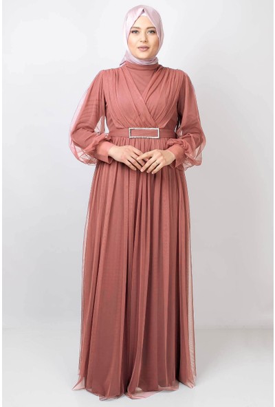 Fahima Kemer Detaylı Tül Abiye Elbise Gül Kurusu FHM777 Fahima Kemer Detaylı Tül Abiye Elbise Gül Kurusu FHM777