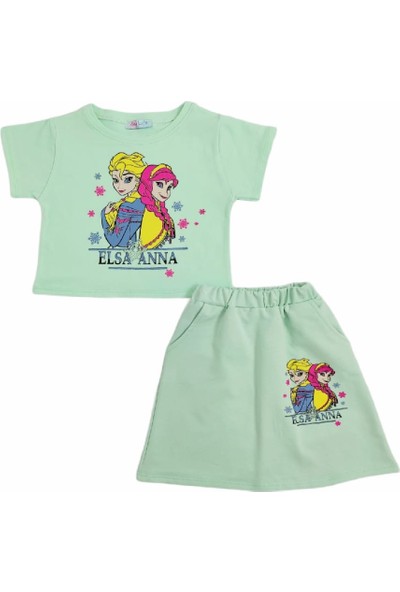 Siya Life Kız Çocuk Elsa Baskılı Crop T-Shirt&etek Alt Üst Takım