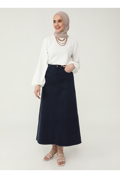 Doğal Kumaşlı Cep Detaylı Kot Etek - Lacivert - Refka Casual Doğal Kumaşlı Cep Detaylı Kot Etek - Lacivert - Refka Casual