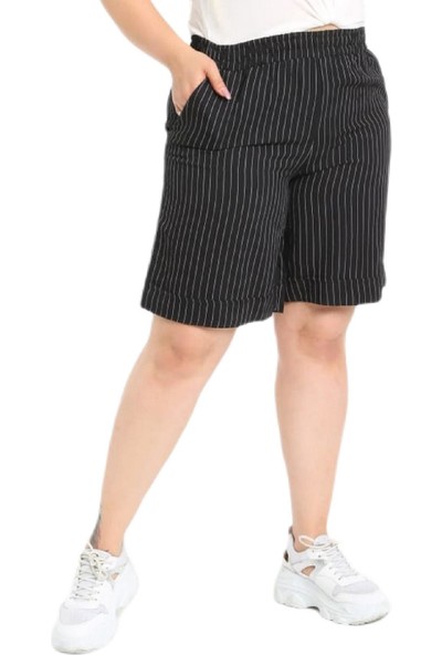 Günay Fierte Kadın Büyük Beden Şort BK21254 Elastik Yüksek Bel Geniş Diz Üstü Keten Spor Cep Çizgili Lacivert Siyah Sarı