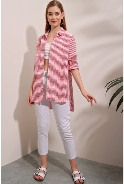 Butikburuc Kadın Kırmızı Çizgili Uzun Poplin Gömlek