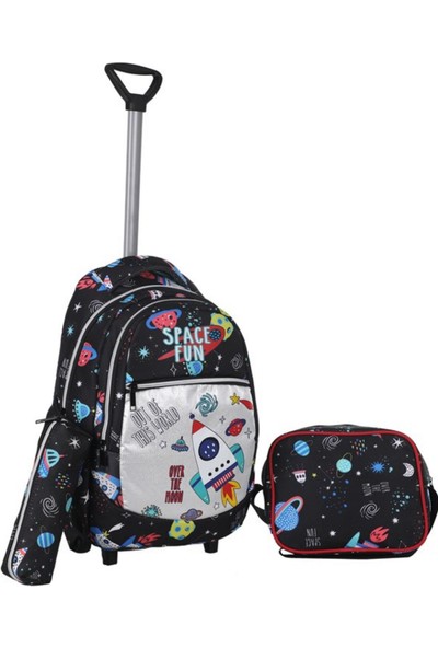 Çantaland Çekçekli 3'lü Uzay Desenli Erkek Çocuk Beslenmeli ve Kalemlikli Ilkokul Çantası