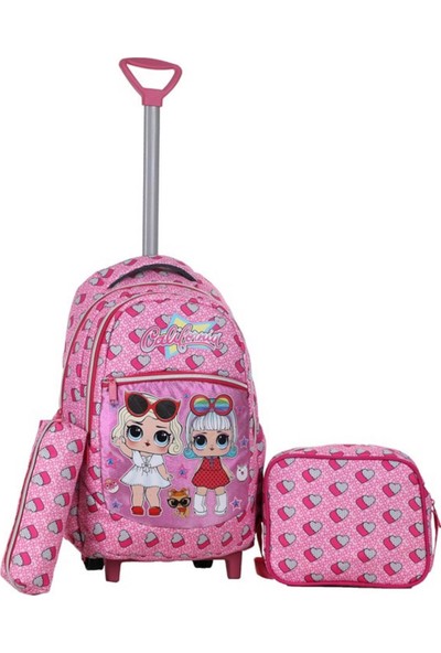 Çantaland Çekçekli 3'lü Kız Çocuk Beslenmeli ve Kalemlikli Kalp Desenli Su Geçirmez Ilkokul Çantası