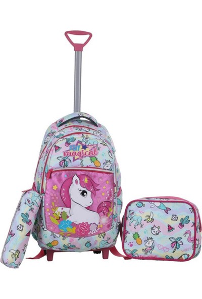 Çantaland Çekçekli 3'lü Kız Çocuk Beslenmeli ve Kalemlikli Desenli Su Geçirmez Ilkokul Çantası
