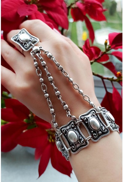 Antik Gümüş Kaplama Dörtgen Şekilli El Yapımı Kadın Şahmeran