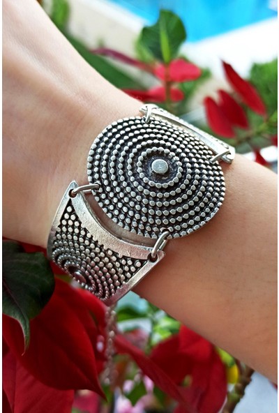 Antik Gümüş Kaplama Dairesel Şekilli El Yapımı Ayarlanabilir Bileklik