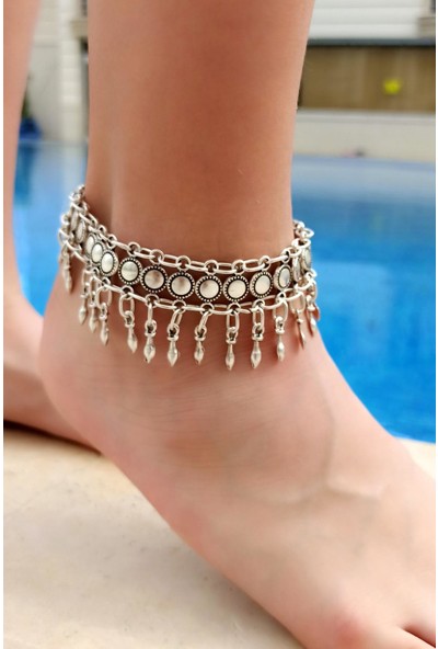 Antik Gümüş Kaplama Sarkıtlı Daire Şekilli El Yapımı Kadın Halhal