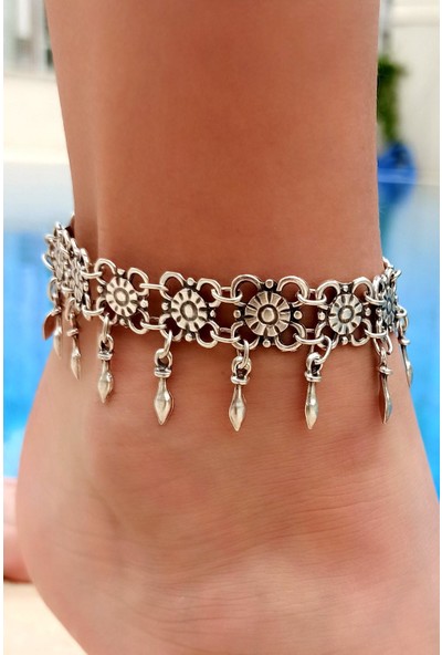 Antik Gümüş Kaplama Geometrik Şekilli El Yapımı Kadın Halhal