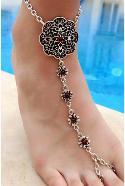 Antik Gümüş Kaplama Çiçek Şekilli El Yapımı Kadın Şahmeran Halhal