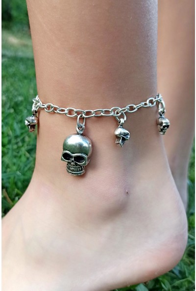 Antik Gümüş Kaplama Kuru Kafa Şekilli El Yapımı Kadın Halhal