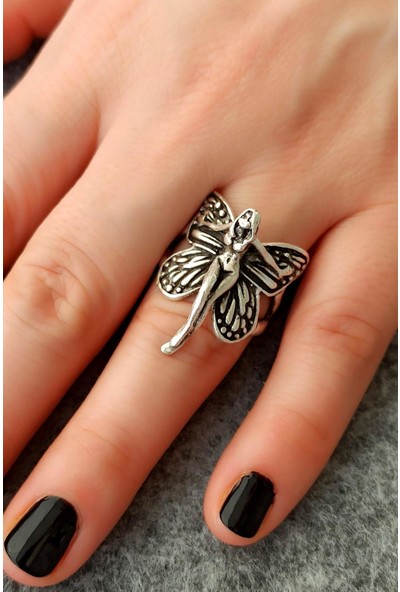 Fildişi Aksesuar Antik Gümüş Kaplama Kadın Motifli Kanat Şekilli El Yapımı Ayarlanabilir Yüzük